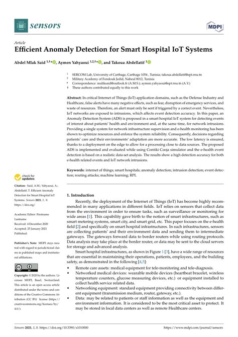 Pdf Efficient Anomaly Detection For Smart Hospital Iot Systems