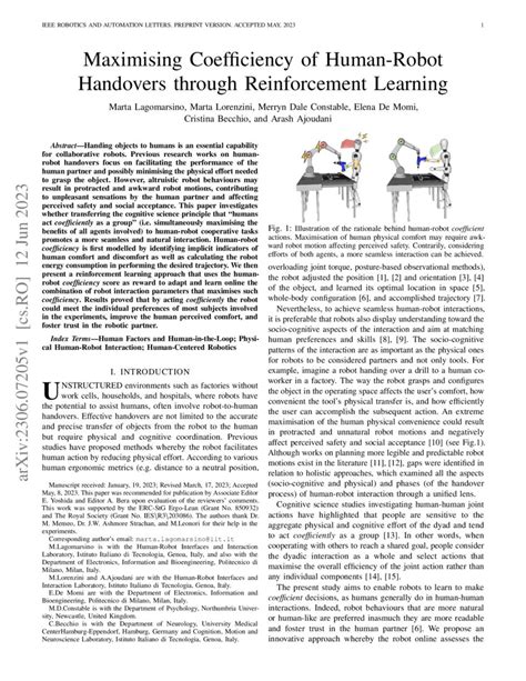 Maximising Coefficiency Of Human Robot Handovers Through Reinforcement Learning Deepai
