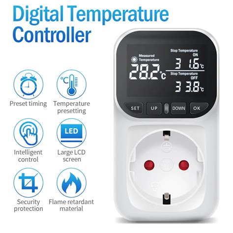 Eu Plug Digital Temperature Controller Socket Outlet Thermostat With Timer Sensor Probe Heating