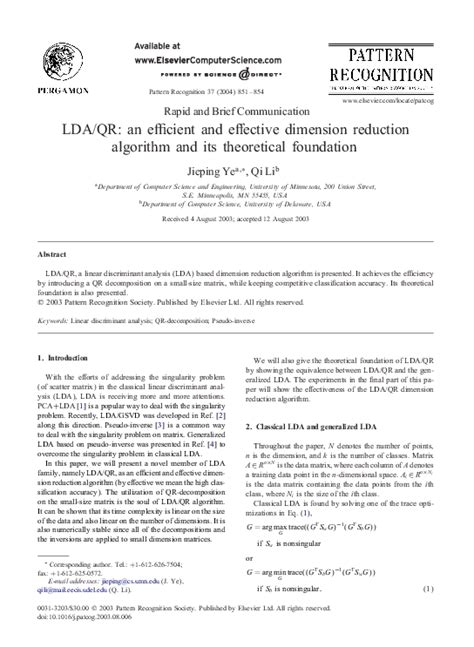 Pdf Lda Qr An Efficient And Effective Dimension Reduction Algorithm And Its Theoretical