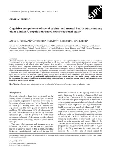 Pdf Cognitive Components Of Social Capital And Mental Health Status