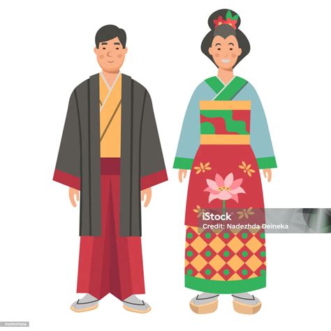 만화 남성과 여성의 일본 의상 기모노 어린이를위한 캐릭터 플랫 벡터 일러스트 레이 션 베트남 문화에 대한 스톡 벡터 아트 및