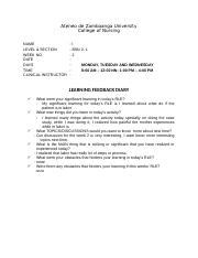 LEARNING FEEDBACK DIARY Docx Ateneo De Zamboanga University College Of Nursing NAME LEVEL
