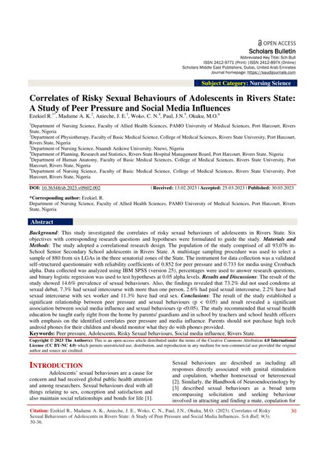 PDF Correlates Of Risky Sexual Behaviours Of Adolescents In Rivers State A Study Of Peer