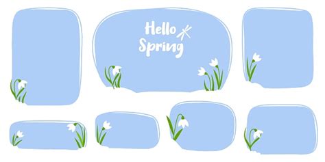 손으로 그린 프레임 빈 텍스트 상자 와 Snowdrop 와 고립된 통하고 있는 백색 배경 낙서 손으로 그린 도형 다양한 크기와 텍스트 형태 세트 안녕하세요 봄 메모 벡터