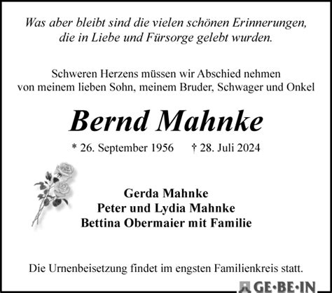 Traueranzeigen Von Bernd Mahnke Trauer And Gedenken