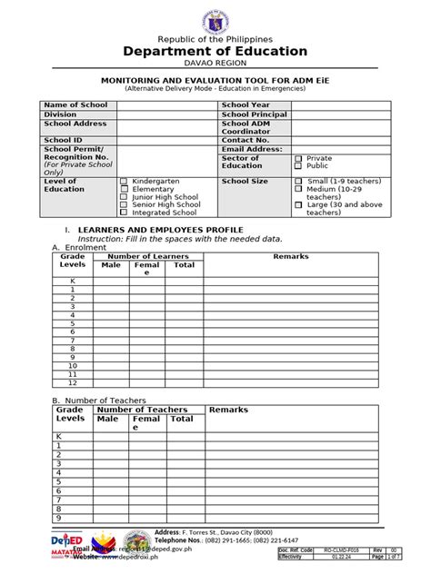 Monitoring And Evaluation Tool For Schools On Adm Eie Pdf