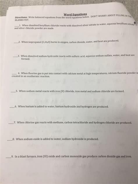 Solved Word Equations Write Balanced Equations From The Word