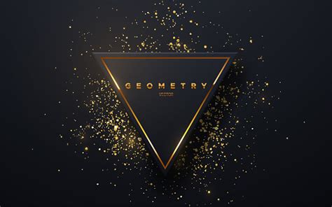 황금색으로 빛나는 프레임과 반짝이가 있는 추상적인 검은색 삼각형 모양 벡터 일러스트 레이 션입니다 황금빛으로 반짝이는 입자가 있는 기하학적 배경 휴일 배너 디자인입니다