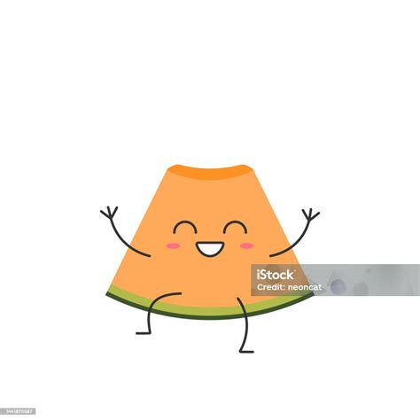 슬라이스 멜론 귀여운 캐릭터 만화 인사말 웃는 얼굴 쾌활한 카와이 기쁨 행복 한 감정 아이콘 벡터 일러스트 과일에 대한 스톡