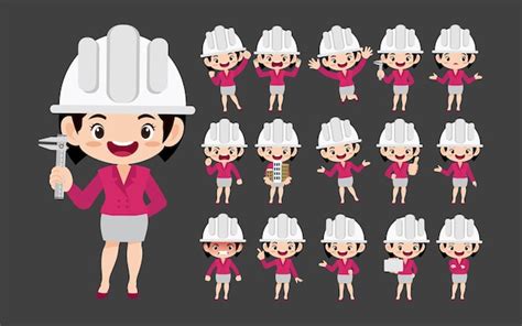 Set Of Engineer With Different Poses Premium Vector