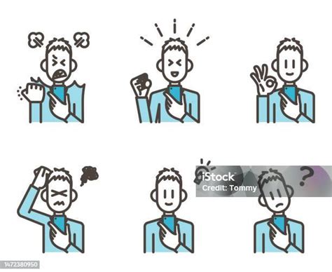 한 손에 스마트폰을 들고 얼굴에 다양한 표정을 짓고 있는 소년의 벡터 그림 감정 시리즈에 대한 스톡 벡터 아트 및 기타 이미지 감정 시리즈 걱정하는 귀여운 Istock
