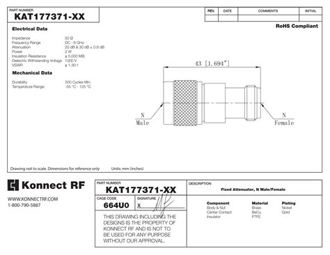 Fixed Attenuator N Male Female Nickel Brass 50 Ohm Dc 3 Ghz 2 Watts 20 Db Konnectrf