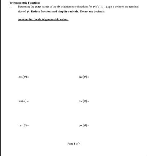 Solved Trigonometric Functions Determine The Exact Values Chegg