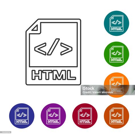 회색 Html 파일 문서 아이콘입니다 흰색 배경에 고립 된 Html 버튼 라인 아이콘을 다운로드 합니다 Html 파일 기호입니다 마크 업 언어 기호입니다 컬러 서클 버튼에