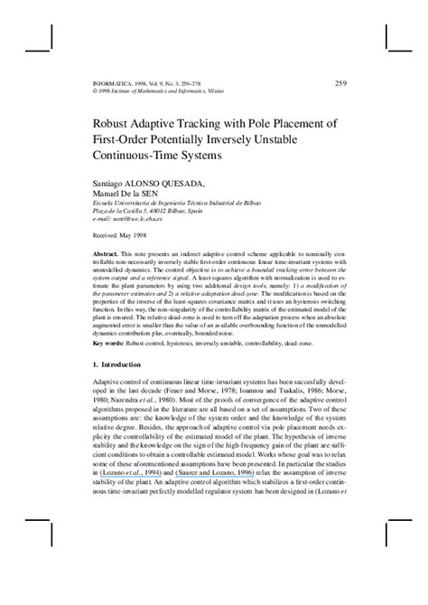 Pdf Robust Adaptive Pole Placement Of First Order Potentially