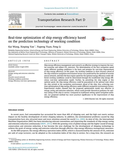 Real Time Optimization Of Ship Energy Efficien 2016 Transportation Research Pdf Efficient