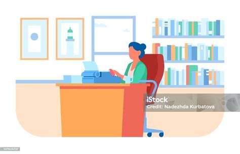 작가는 사무실에서 타자기로 일합니다 서류 더미가 있는 나무 책상 뒤에 안락의자에 앉아 있는 여자 작성자가 텍스트를 입력합니다 편집자 및 카피라이터 비서 직업 벡터 개념