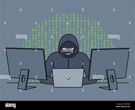 Male Hacker In Hoodie And Mask Sit At Table Work On Computers Steal