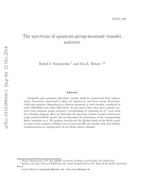 Pdf The Spectrum Of Quantum Group Invariant Transfer Matrices