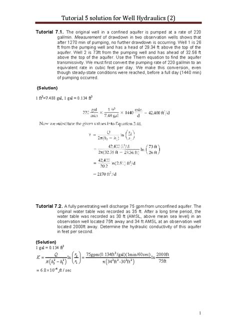 Tutorial Solution Chapter 7 Week 6 Tutorial 5 Solution For Well Hydraulics 2 Tutorial 7 The
