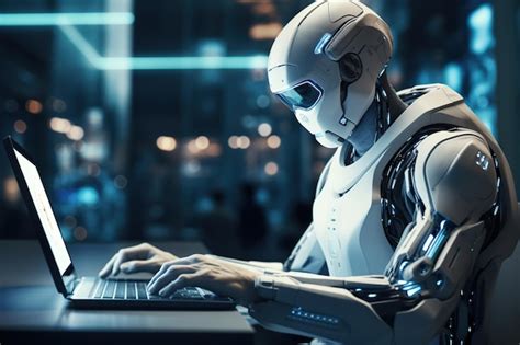 Premium Ai Image Humanoid Android Robot Working On Laptop In Office