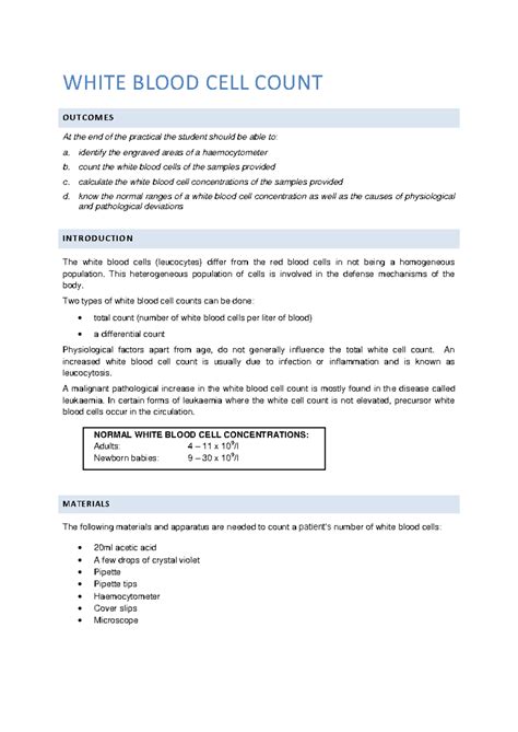 Cell Count Prac WBC WHITE BLOOD CELL COUNT OUTCOMES At The End Of The Practical The Babe