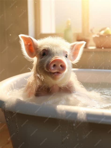 Premium Ai Image A Cute Pig Taking A Bath On A Bath Tube