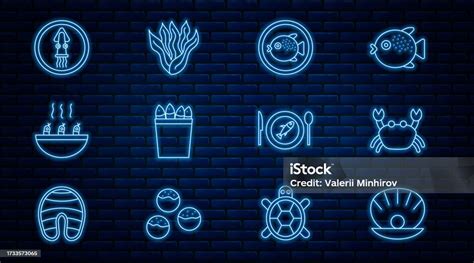 진주 게 접시에 복어 낚시 양동이 물고기 수프 새우 문어 서빙 및 해초 아이콘으로 라인 쉘을 설정합니다 벡터 건강한 생활방식에 대한 스톡 벡터 아트 및 기타 이미지 Istock