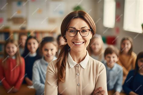 Portrait Dune Belle Enseignante Souriante Dans Une Classe à Lécole Primaire Regardant La