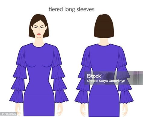 티어드 슬리브 긴 길이의 옷 캐릭터 레이디 블루 탑 셔츠 드레스 테크니컬 패션 일러스트레이션에 몸에 맞춥니다 플랫 의류 템플릿