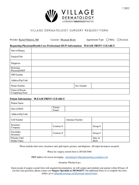 Fillable Online 72022 Village Dermatology Surgery Request Form Fax