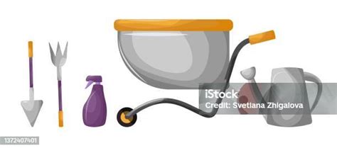 식물 꽃 허브 묘목 심기 장비 급수 캔 레이크 삽 카트를 심기위한 정원 도구의 컬렉션 벡터 만화 절연 장비 세트 봄 농업의 아이콘 0명에 대한 스톡 벡터 아트 및 기타