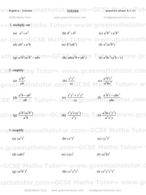 Indices Worksheet 01 Algebra Revision From Gcse Maths Tutor Pdf