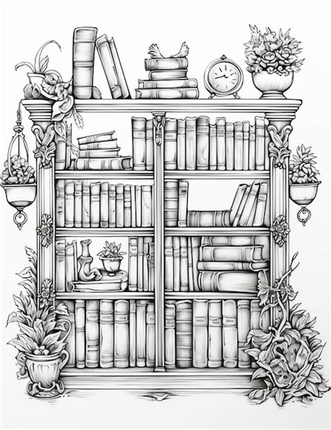 A Drawing Of A Book Shelf With Books And Plants Generativ Ai Premium AI Generated Image