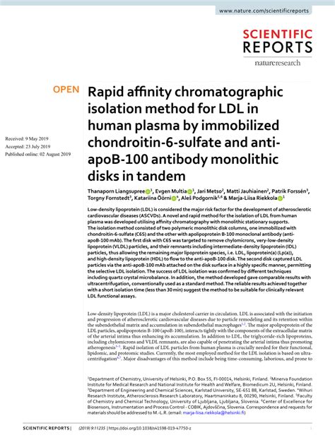 Pdf Rapid Affinity Chromatographic Isolation Method For Ldl In Human Plasma By Immobilized