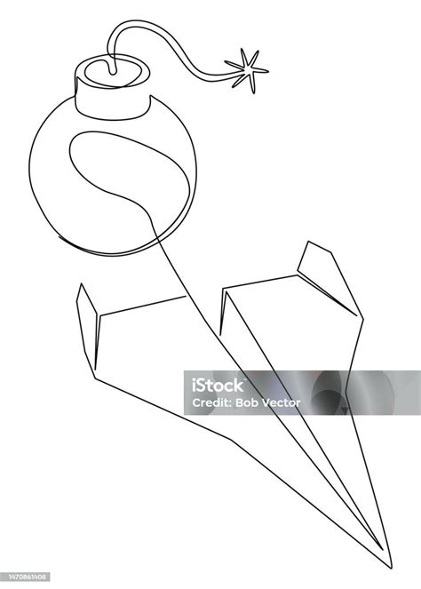 폭탄과 종이 비행기의 연속적인 라인 얇은 선 그림 벡터 개념입니다 윤곽 그리기 창의적인 아이디어 공예에 대한 스톡 벡터 아트 및