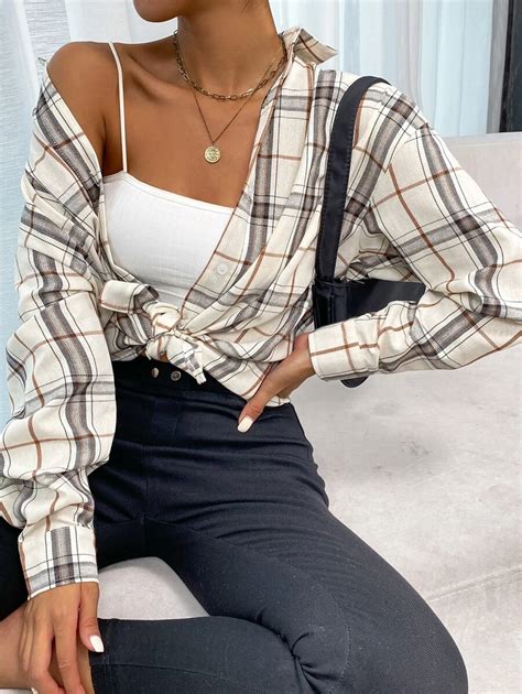 Drop Shoulder Plaid Blouse Casual Outfits Outfits Cute Outfits