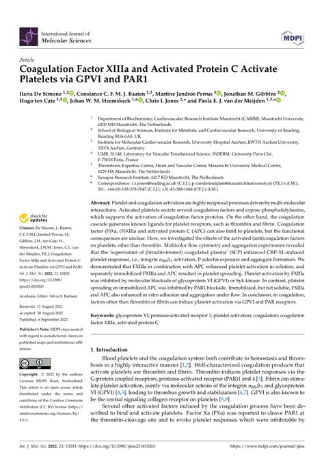 Pdf Coagulation Factor Xiiia And Activated Protein C Activate Platelets Via Gpvi And Par1