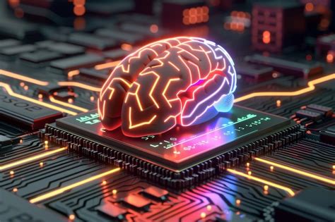 Futuristic AI brain with neon lights artificial intelligence cognitive computing digital brain c ...