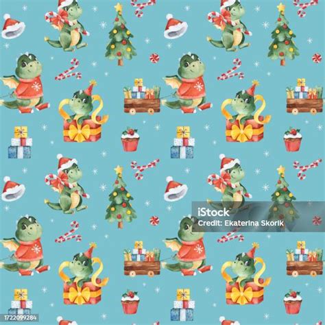 수채화 메리 크리스마스 완벽 한 배경 사탕 선물 상자 크리스마스 트리 별과 귀여운 드래곤 산타 클로스에 대한 스톡 벡터 아트 및 기타 이미지 Istock