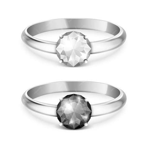 빛나는 은색 반지 측면 전면 보기의 흰색과 검은색 보석 다이아몬드 근접 촬영 격리 디자인 템플릿 벡터 3d 현실적인 은색 금속 결혼 반지 프리미엄 벡터