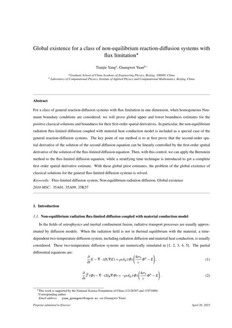 Pdf Global Existence For A Class Of Non Equilibrium Reaction Diffusion Systems With Flux