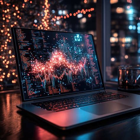 Data Visualization Displayed On A Laptop Screen With Festive Lights In The Background At Night