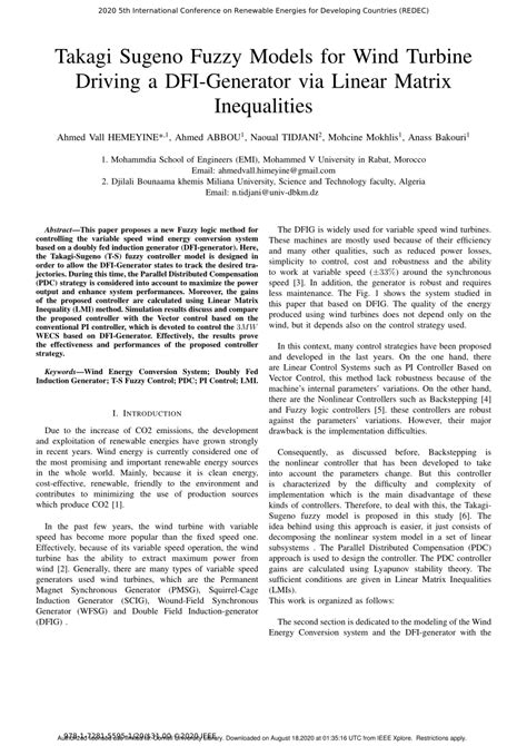 Pdf Takagi Sugeno Fuzzy Models For Wind Turbine Driving A Dfi Generator Via Linear Matrix