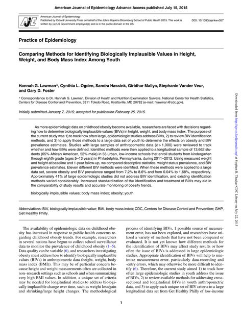 Pdf Comparing Methods For Identifying Biologically Implausible Values In Height Weight And