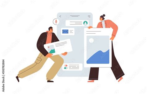 Ui Ux Design Of Mobile Messenger App Designers Creating Digital Chat Application Interface
