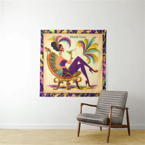 Mid Century Mardi Gras Woman With A Martini Tapestry Zazzle