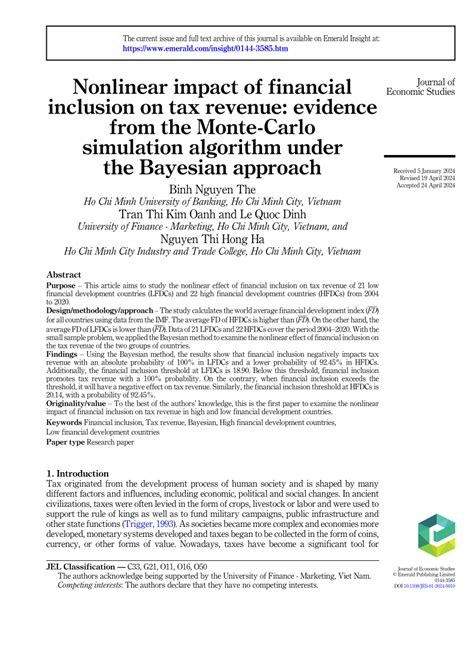 Pdf Nonlinear Impact Of Financial Inclusion On Tax Revenue Evidence