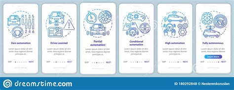 Driverless Car Stages Onboarding Mobile App Page Screen With Linear Concepts Vehicle